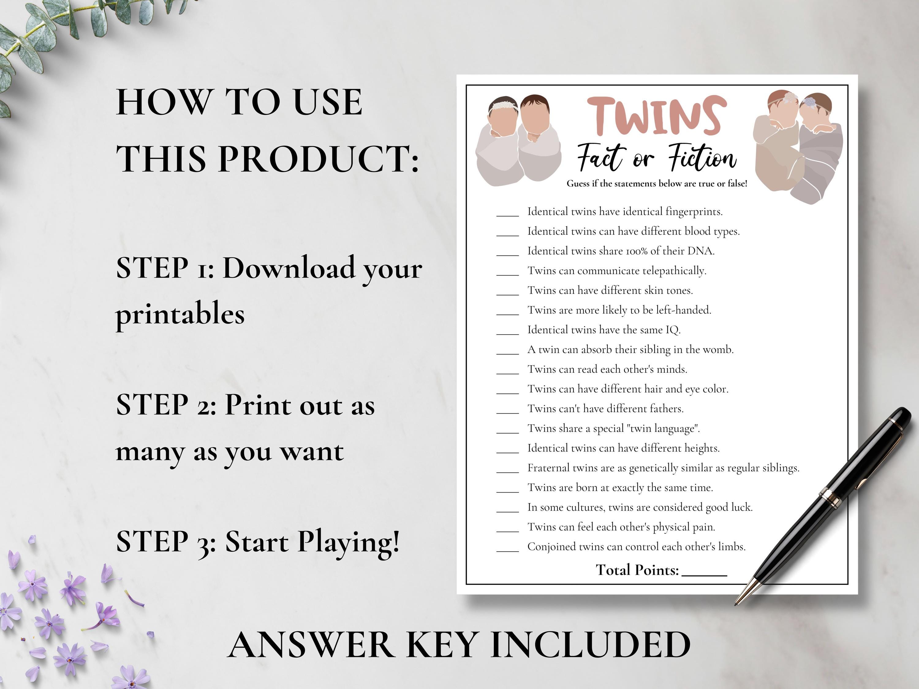 Twin Trivia Baby Shower Game, Twin True or False, Twin Birthday Party ...
