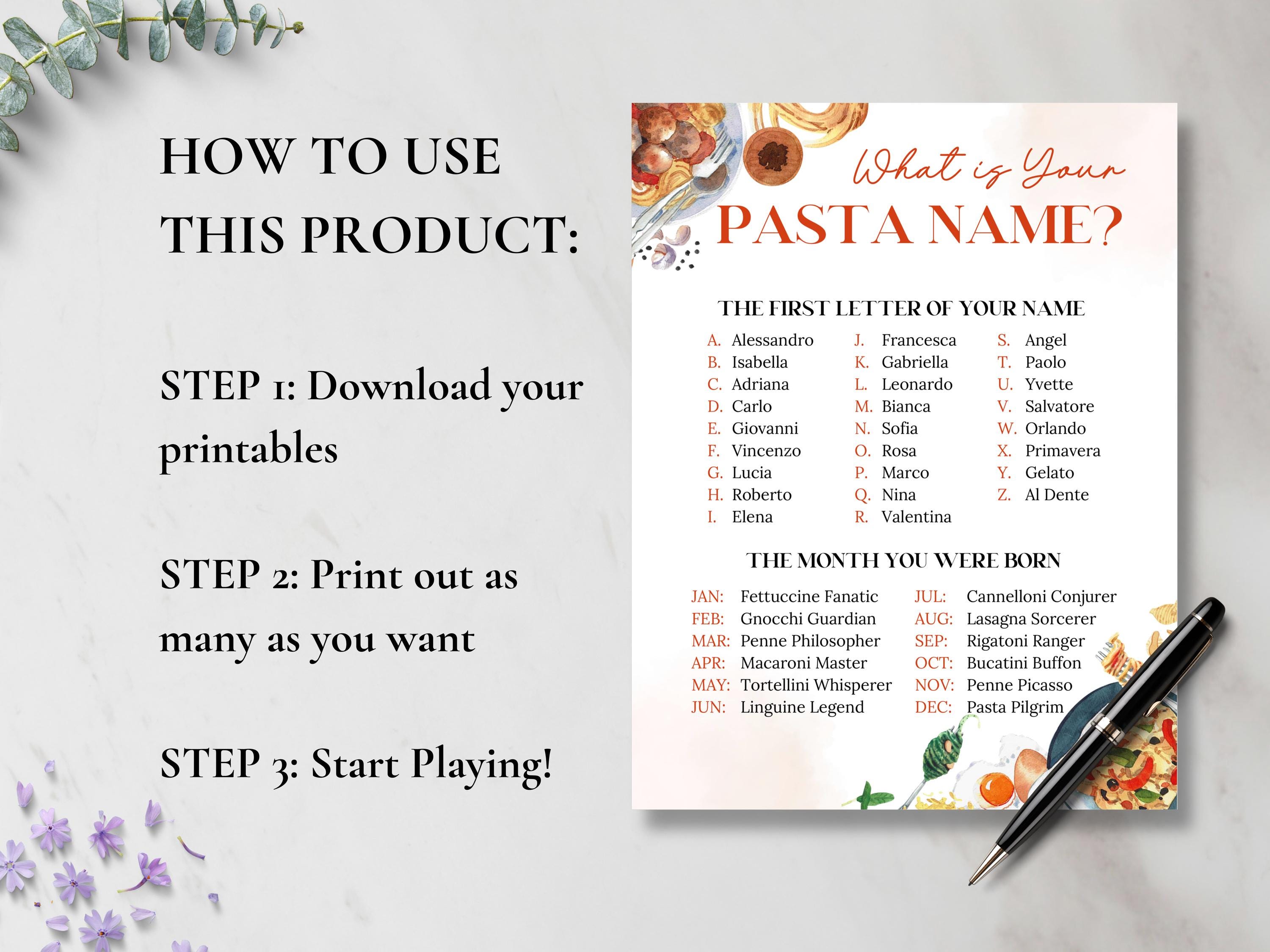 What's Your Pasta Name With Name Tags, Pasta Games for Kids&adults ...