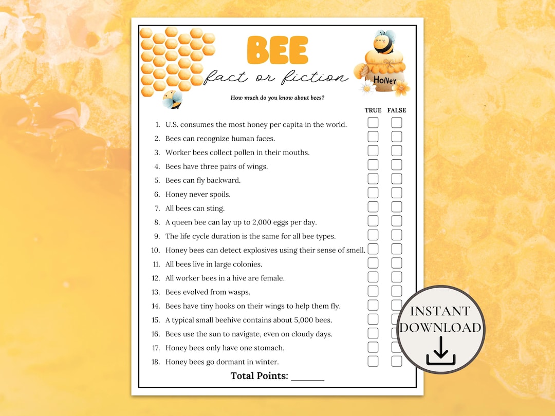 Bee Trivia Fact or Fiction, Honey Bee Baby Shower Game, Bee Themed Quiz ...
