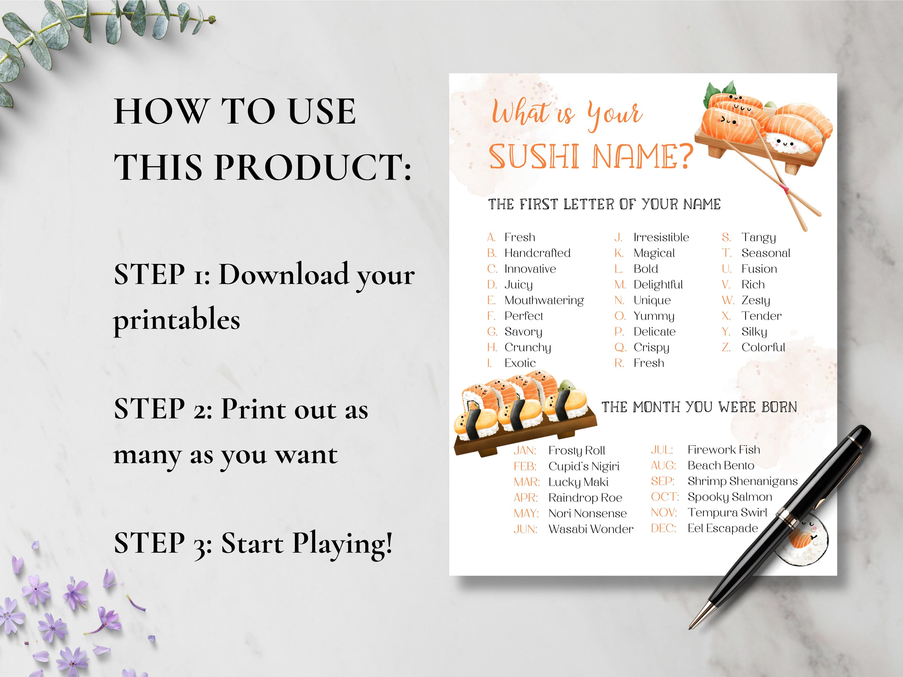 What's Your Sushi Name With Name Tags, Sushi Party, Fun Printable Game ...
