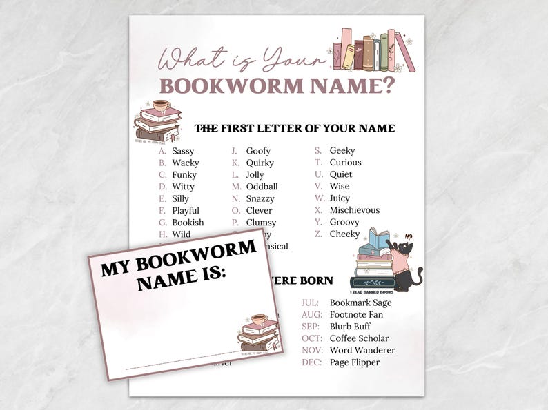 What's Your Bookworm Name With Name Tags, Book Club Games Printable ...