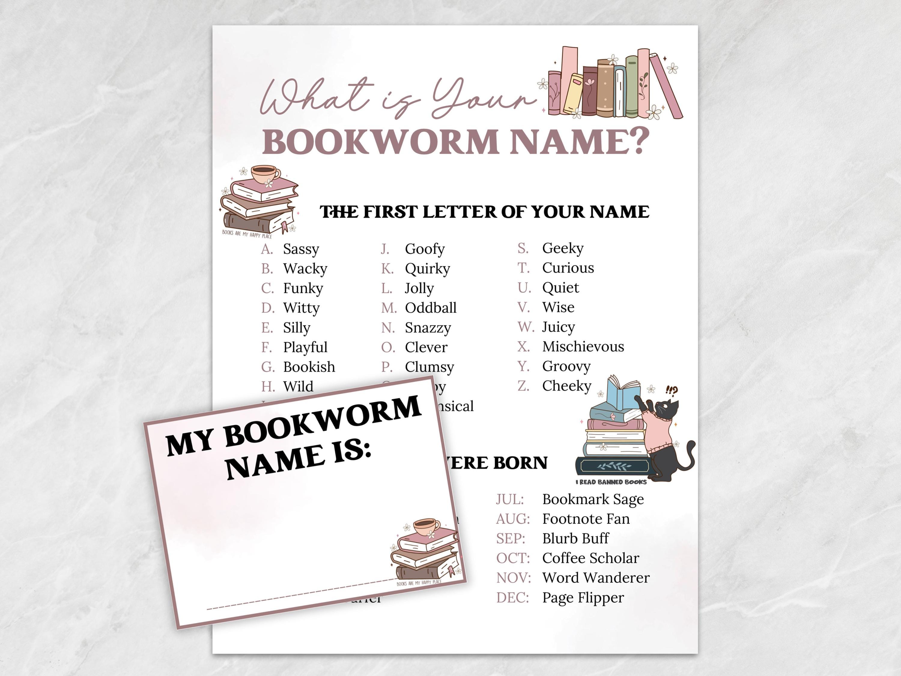 What's Your Bookworm Name With Name Tags, Book Club Games Printable ...