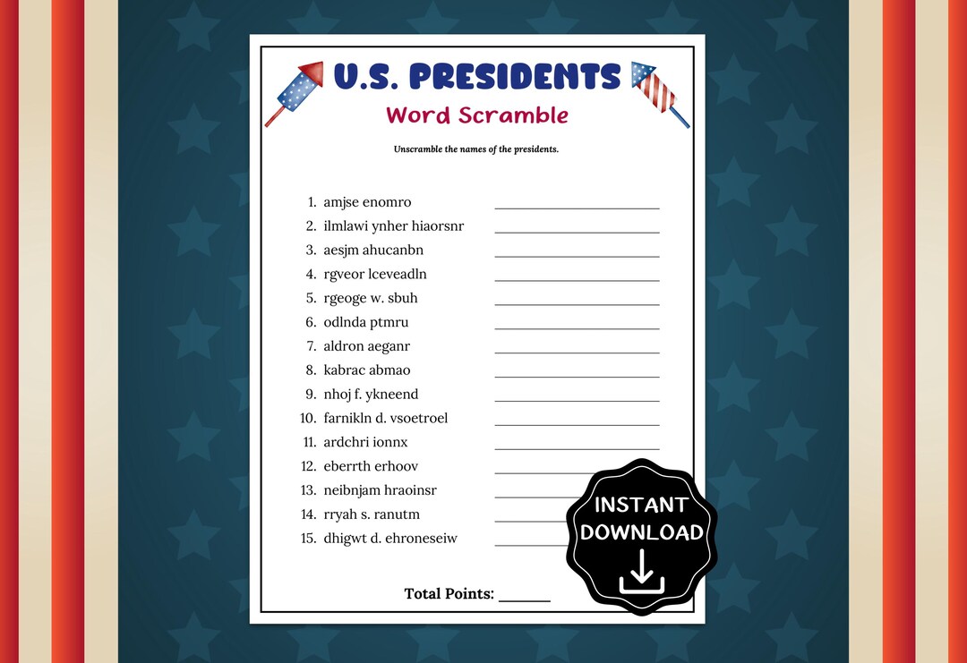 US President Word Scramble Game, Presidents Day Games, Presidents Day ...