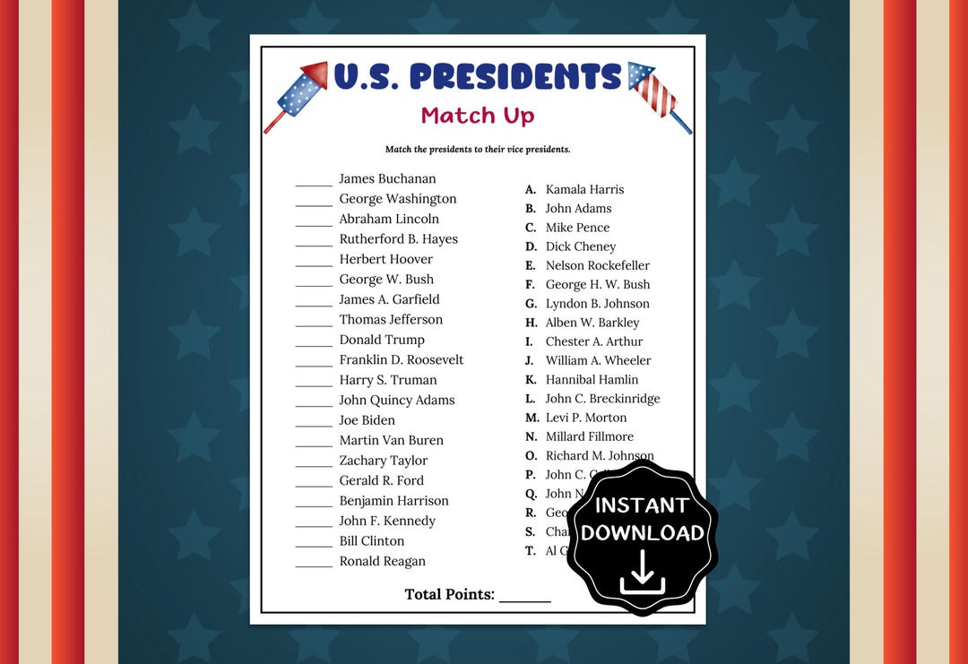 US Presidents Match up Game, Presidents Day Games, Presidents Day ...