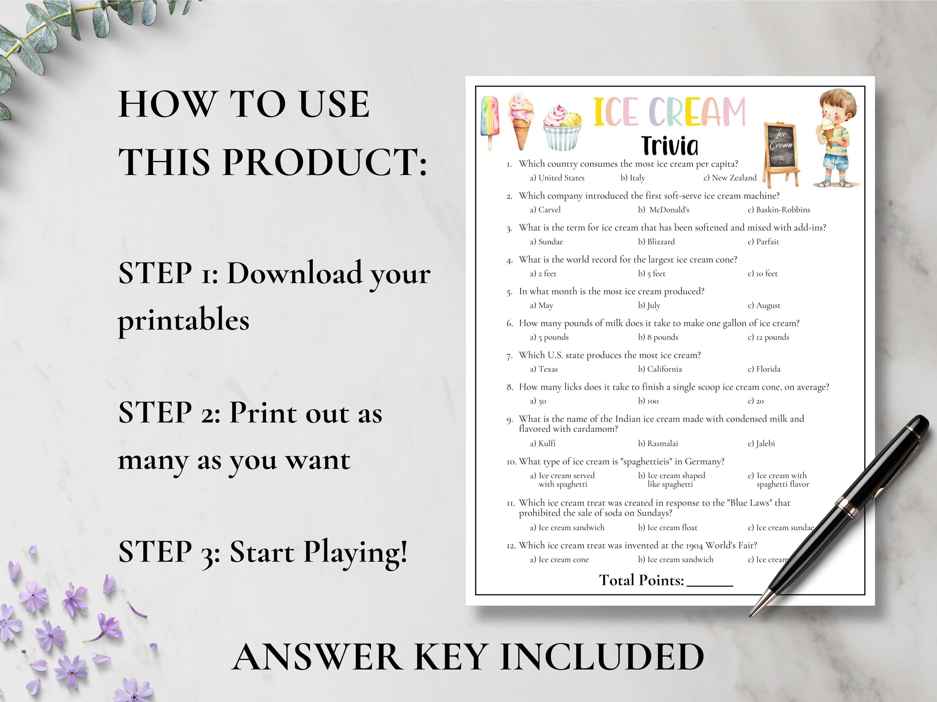 Ice Cream Trivia Game, Ice Cream Birthday Party Game, Ice Cream ...