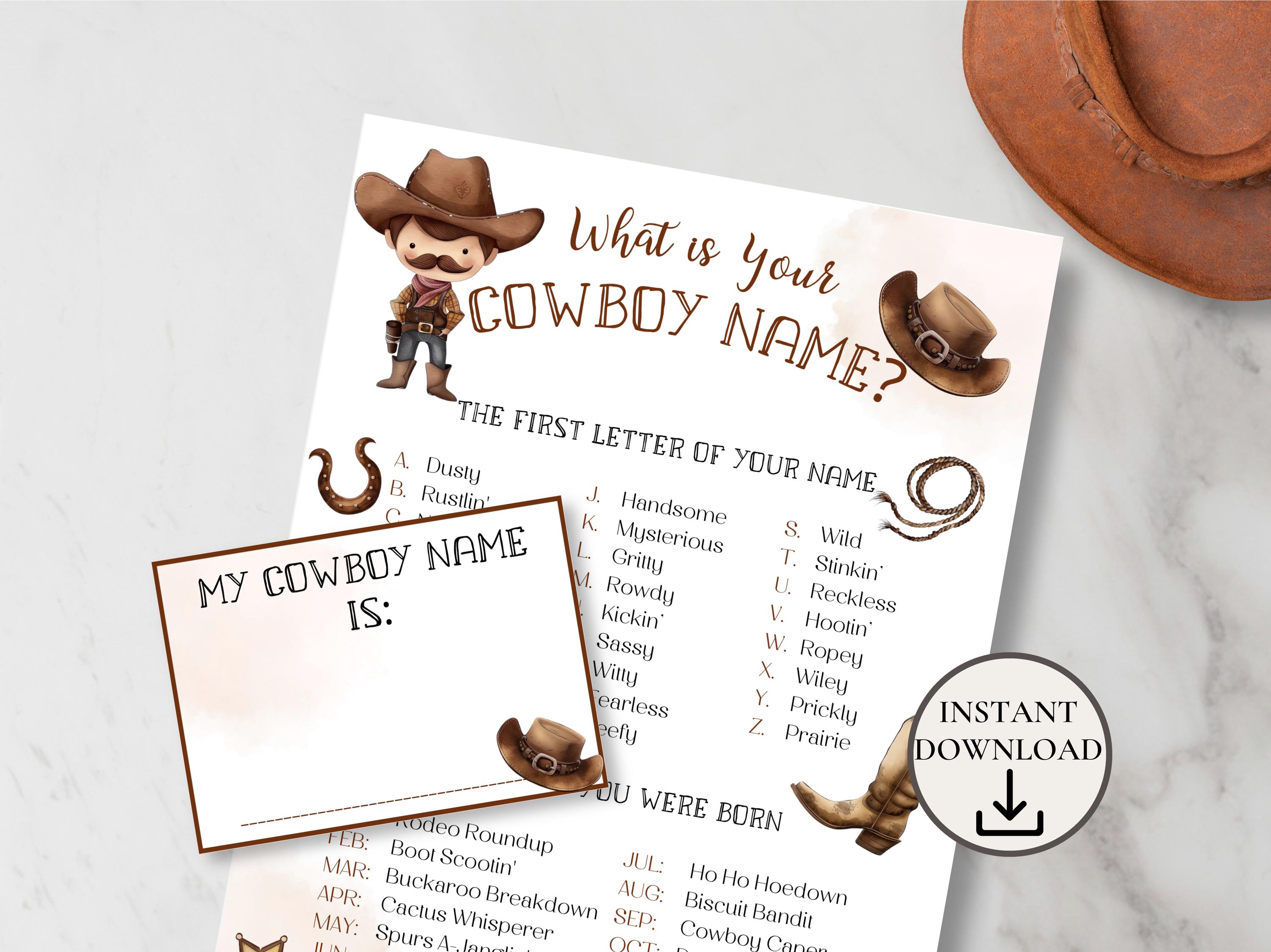 What's Your Cowboy Name With Name Tags, Cowboy Birthday Party Game ...