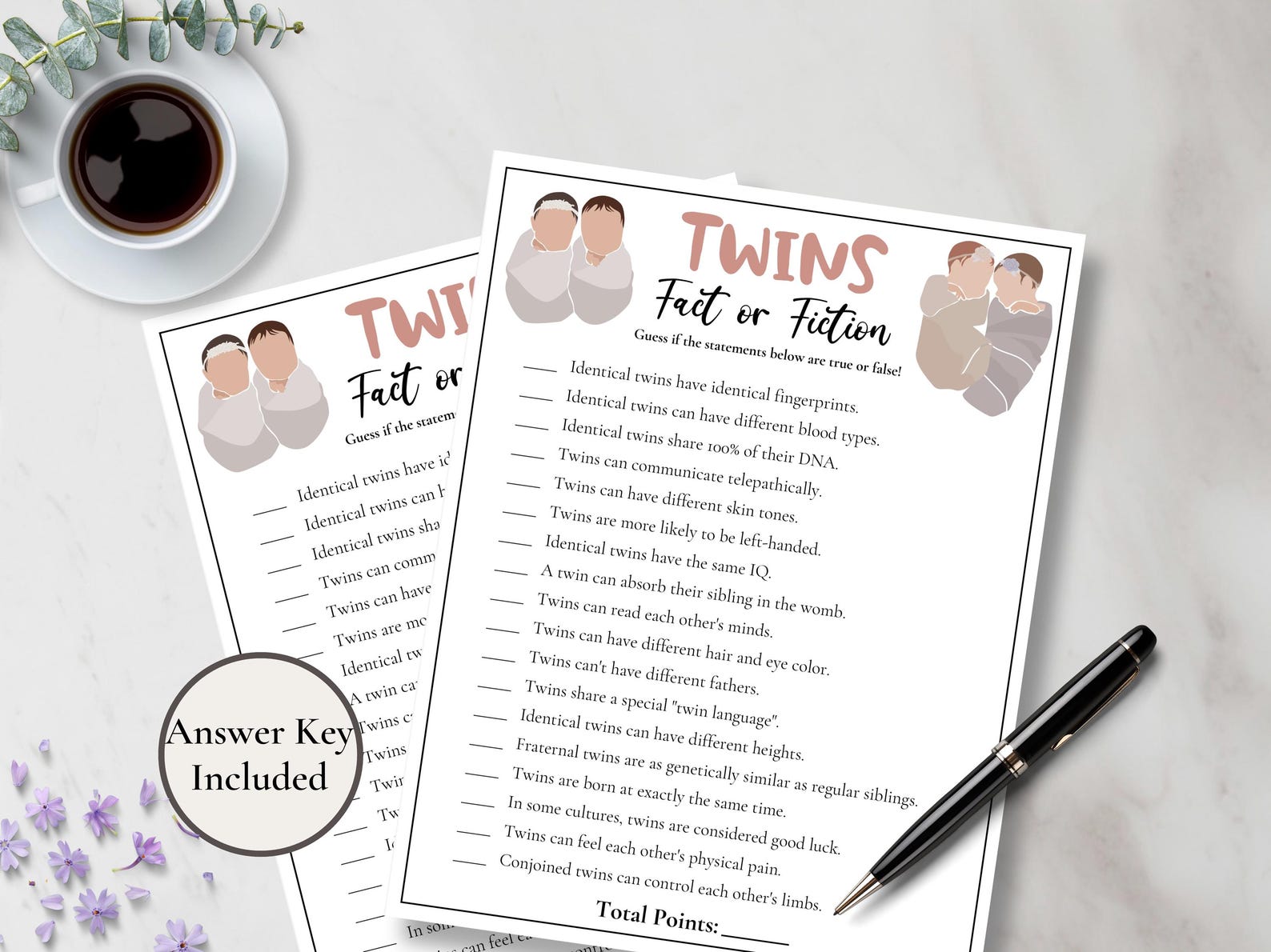 Twin Trivia Baby Shower Game, Twin True or False, Twin Birthday Party ...