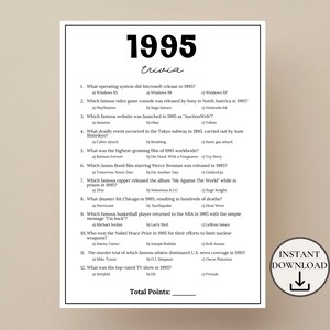 1995 Trivia Game, 30th Birthday Games, Born in 1995 Games, 1995 Class ...