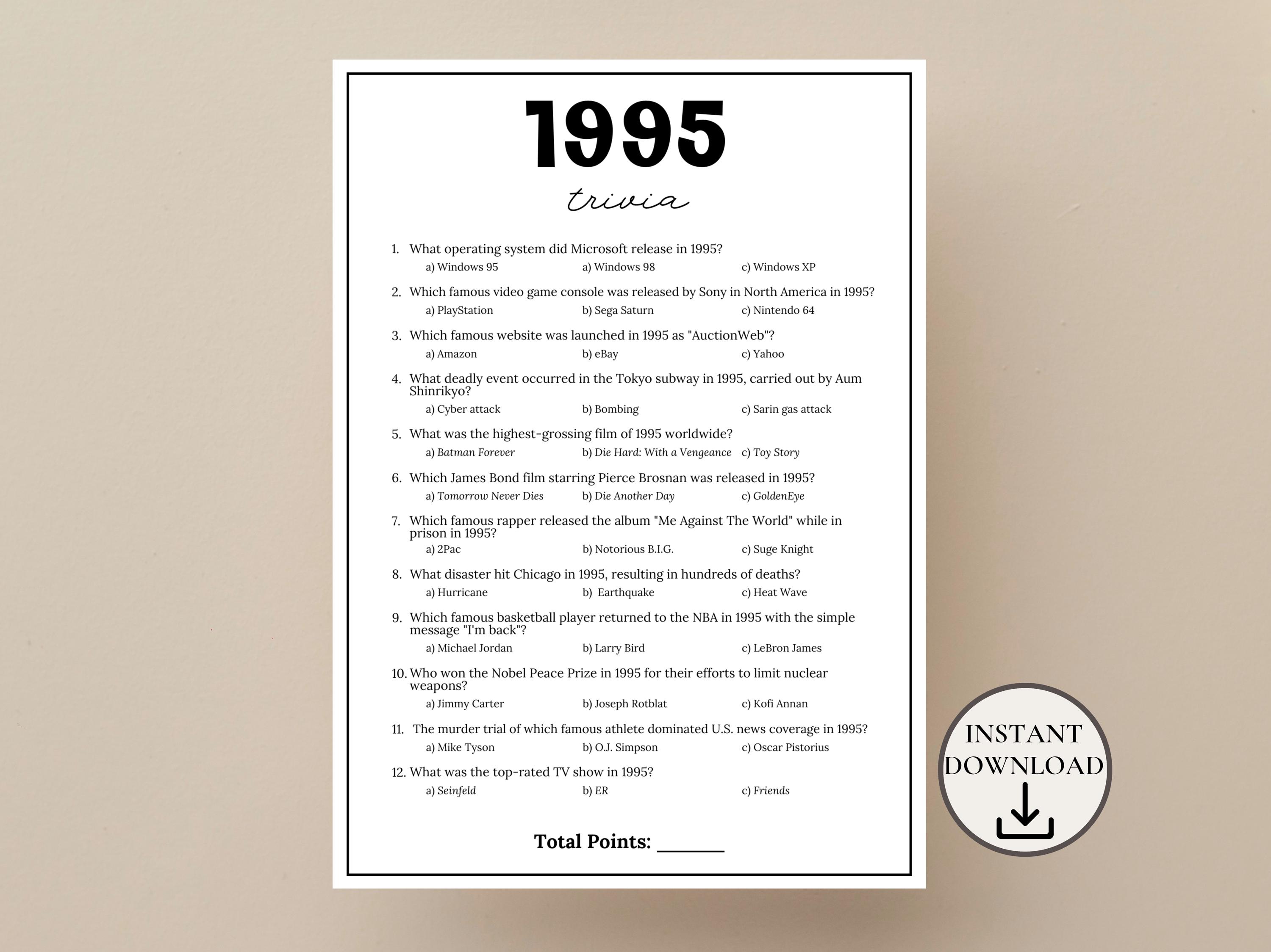 1995 Trivia Game, 30th Birthday Games, Born in 1995 Games, 1995 Class ...