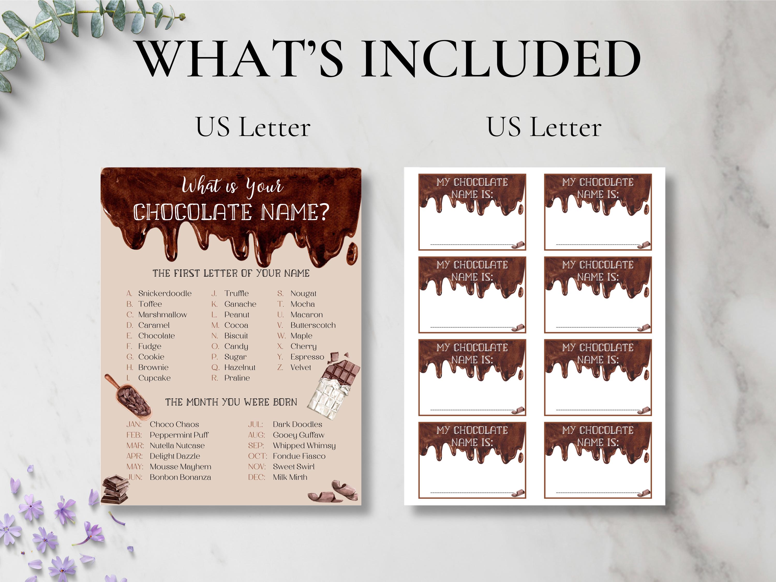 What's Your Chocolate Name Game With Name Tags, Fun Chocolate Party ...