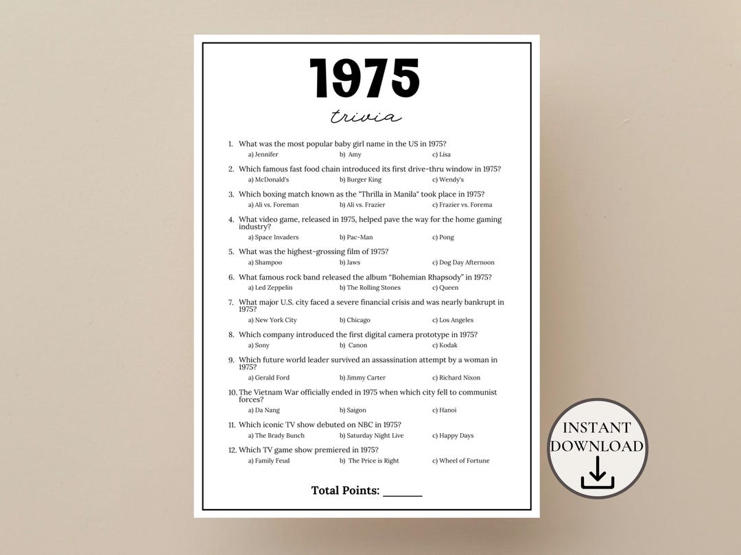 1975 Trivia Game, 50th Birthday Games, Born in 1975 Games, 1975 Class ...