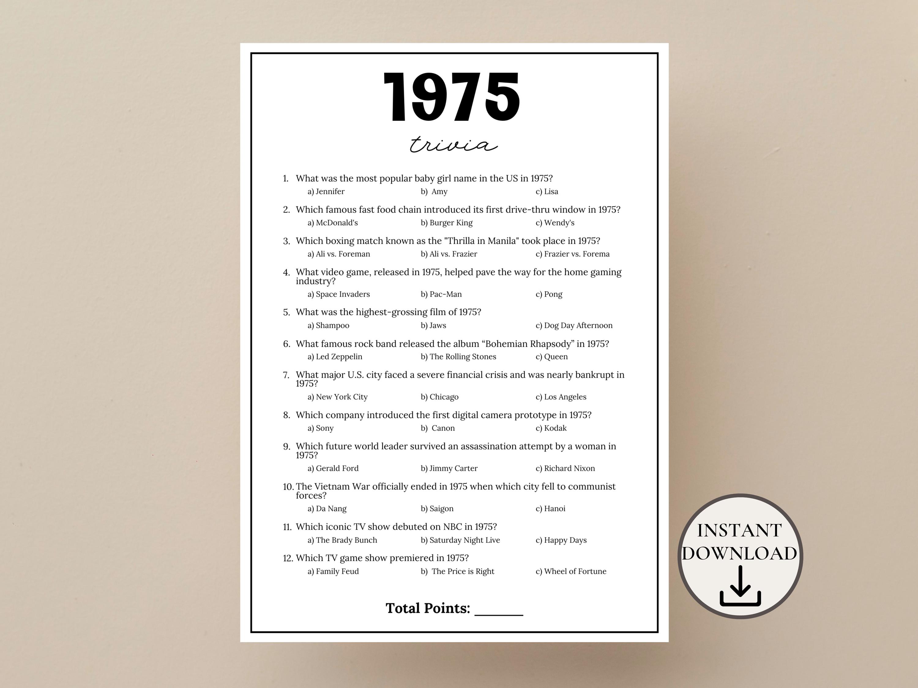 1975 Trivia Game, 50th Birthday Games, Born in 1975 Games, 1975 Class ...