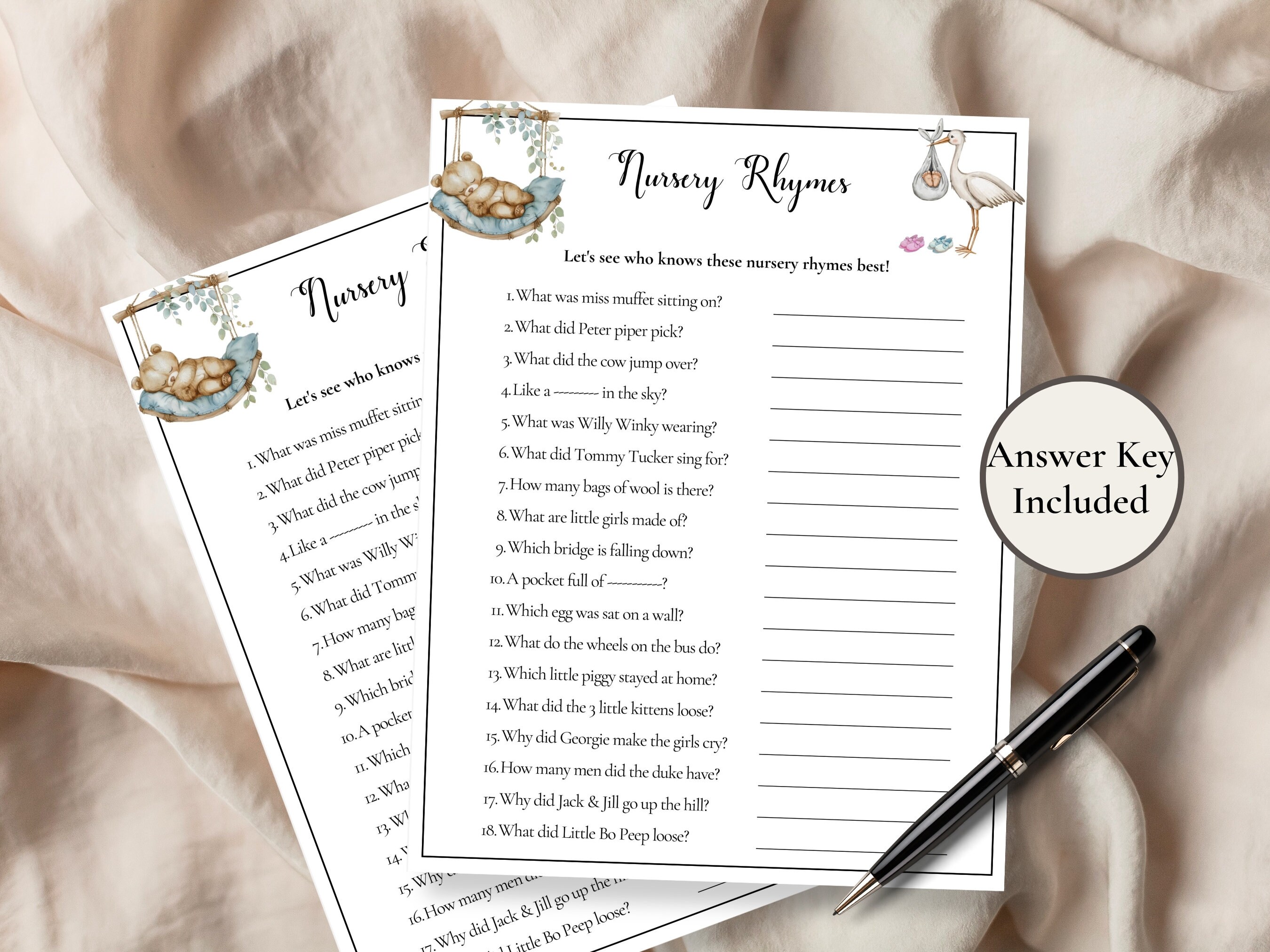 Baby Shower Nursery Rhymes Trivia Game, Baby Shower Printable Games for ...