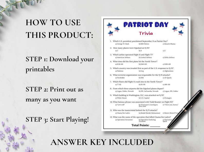 Patriot Day Trivia Game, September 11 US History Quiz, Patriotic Party ...