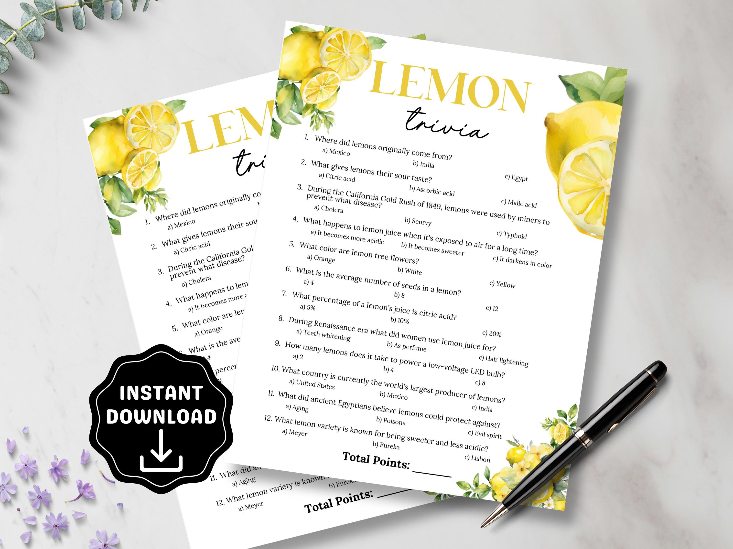 Lemon Trivia Game, Lemon Themed Baby Shower, Summer Lemonade Party ...