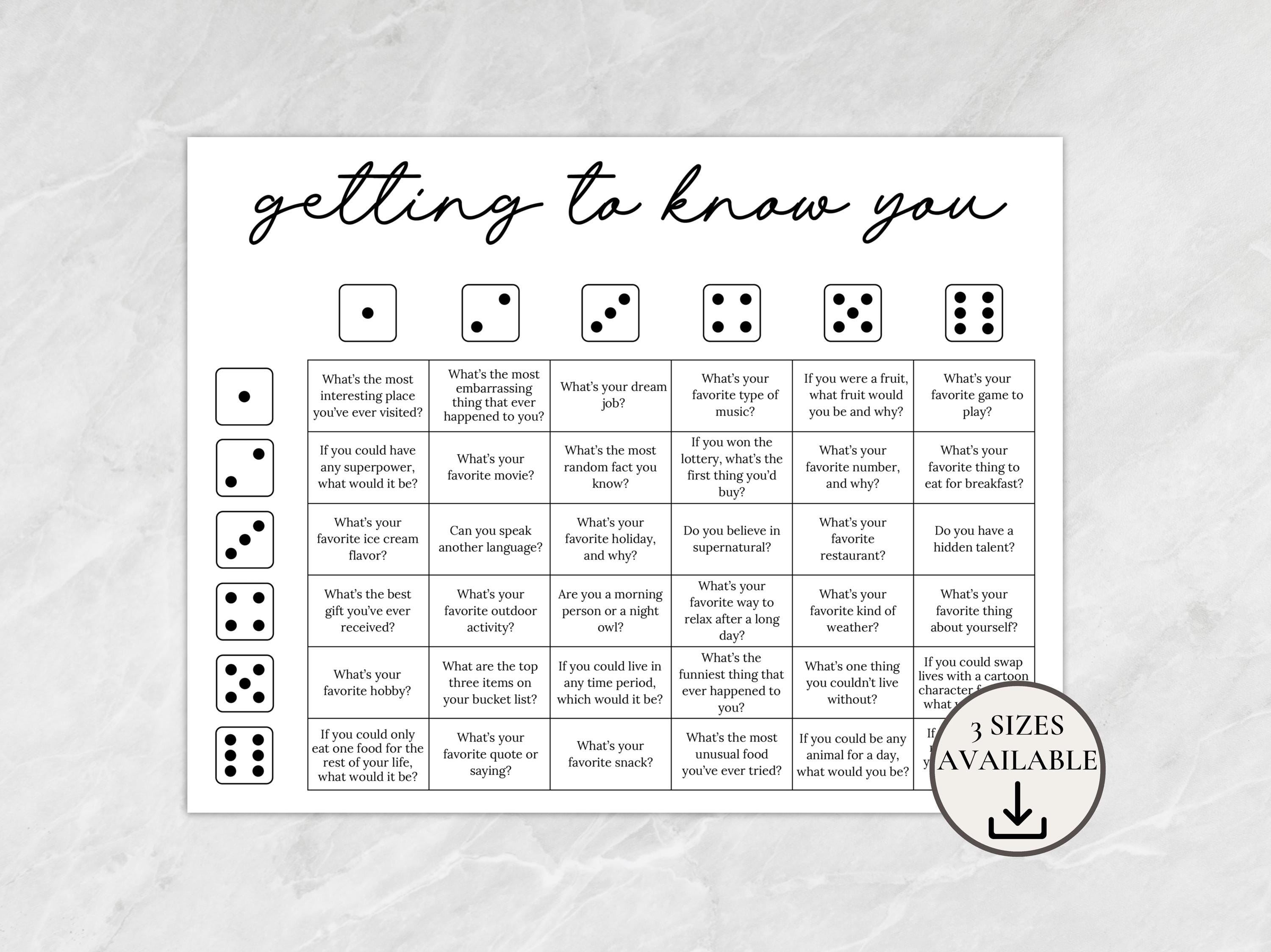 Getting to Know You Printable Game, Dicebreaker Roll and Tell Game ...