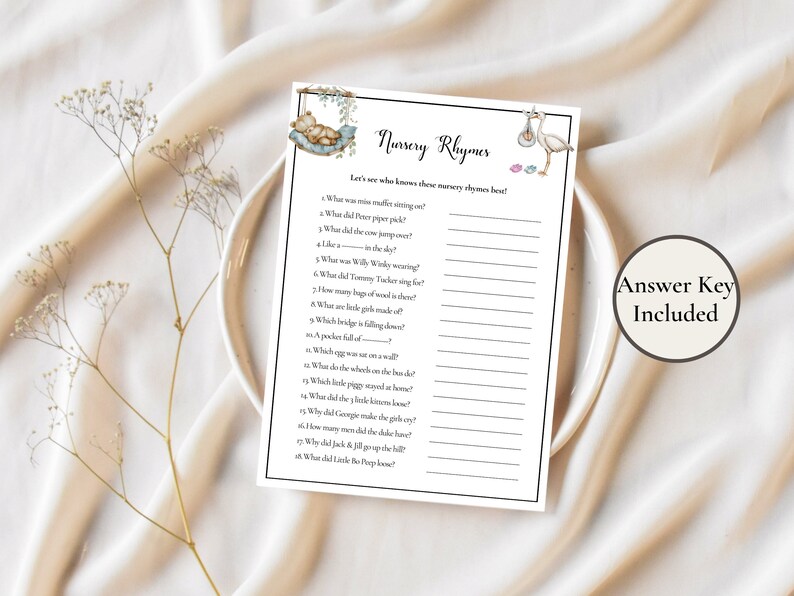 Baby Shower Nursery Rhymes Trivia Game, Baby Shower Printable Games for ...