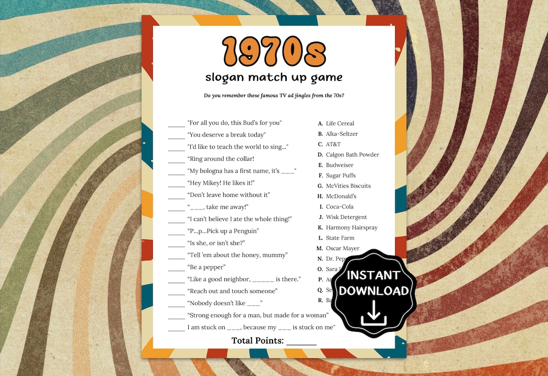 1970s Slogan Trivia Game, 70s TV Commercial Jingle, 1970s Game, TV Ad ...