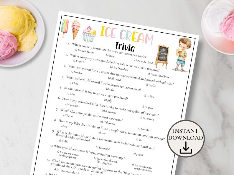Ice Cream Trivia Game, Ice Cream Birthday Party Game, Ice Cream ...