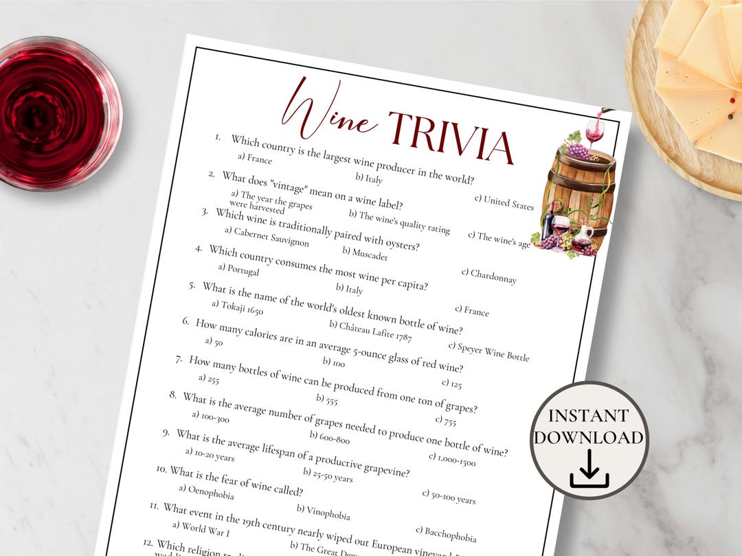 Wine Trivia Game, Wine Tasting Party Game, Printable Wine Themed Trivia ...