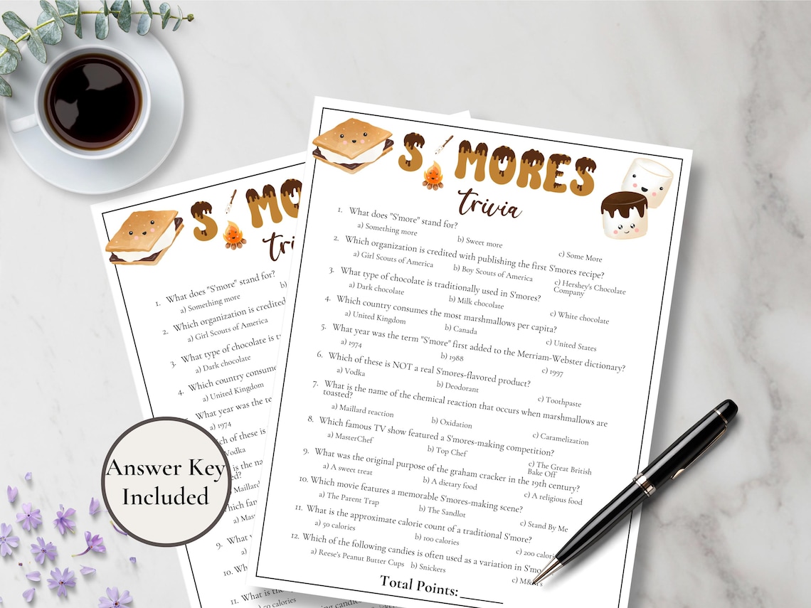 S'mores Trivia Game, S'mores Baby Shower Game, Printable Camping Party ...