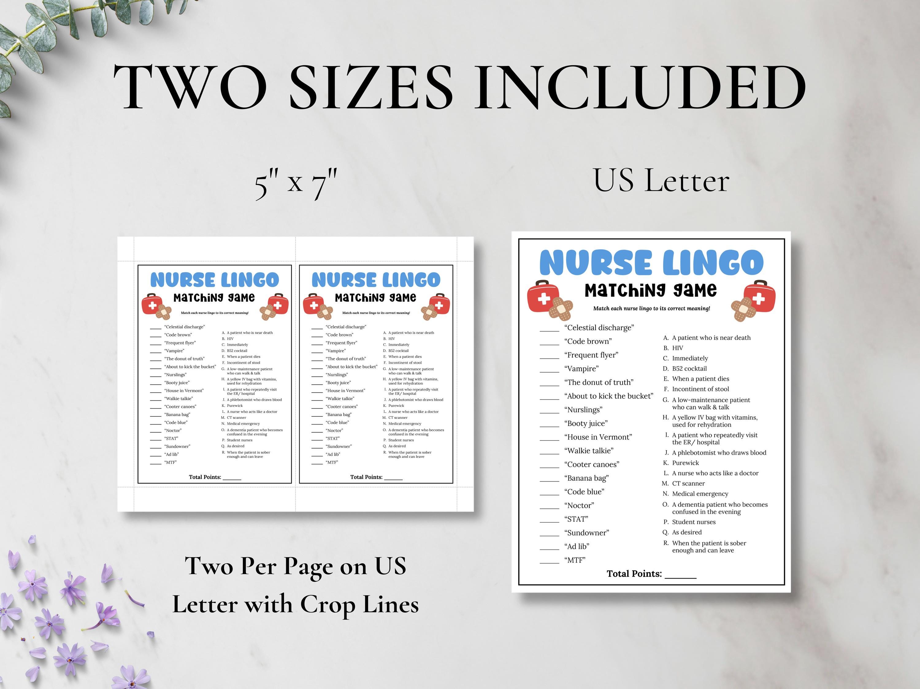 Nurse Party Game, Nurse Slang Matching Game, Nurse Appreciation Week ...