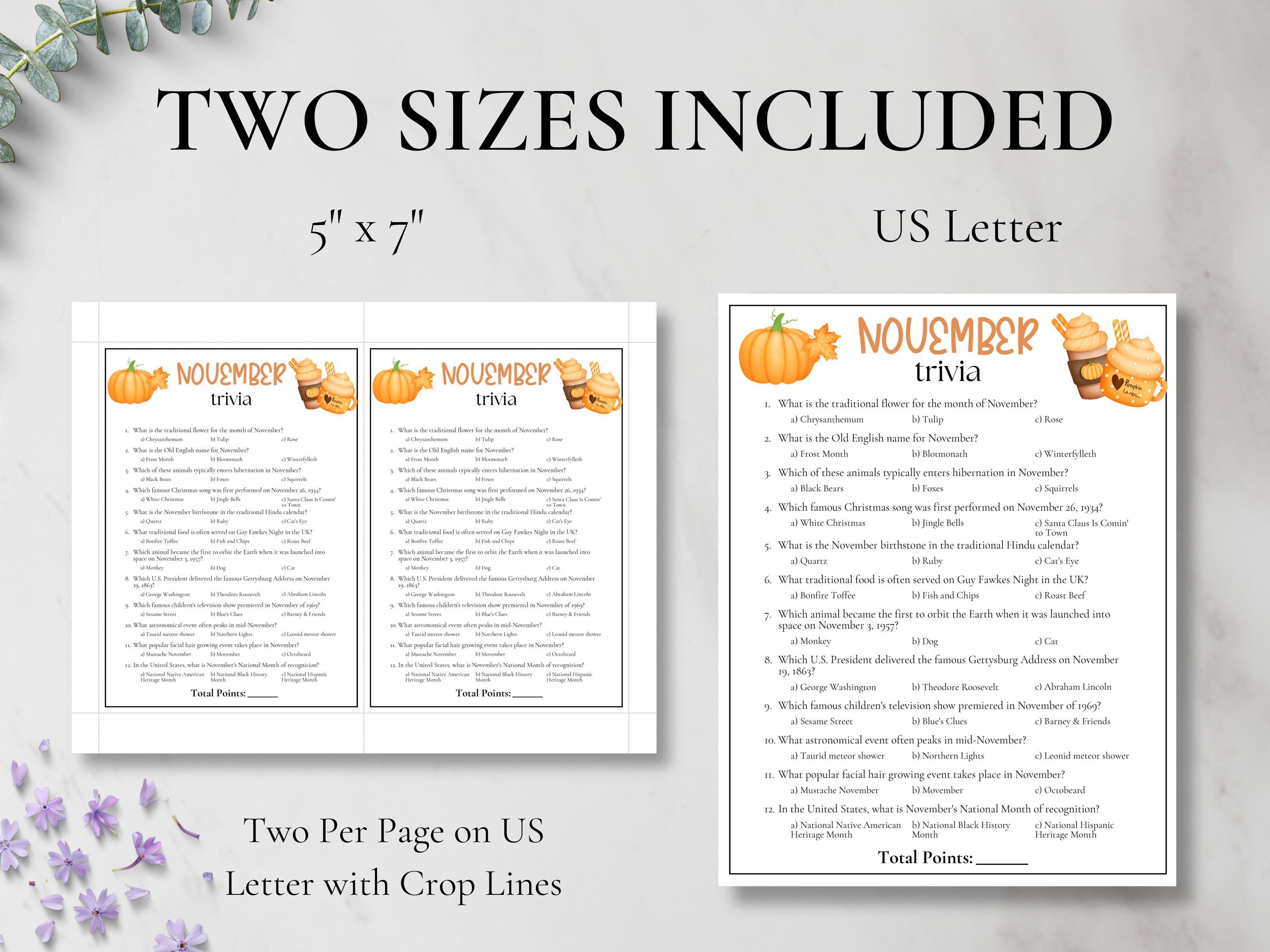 November Trivia Game, Printable Monthly Trivia Game, Family Fall Game ...