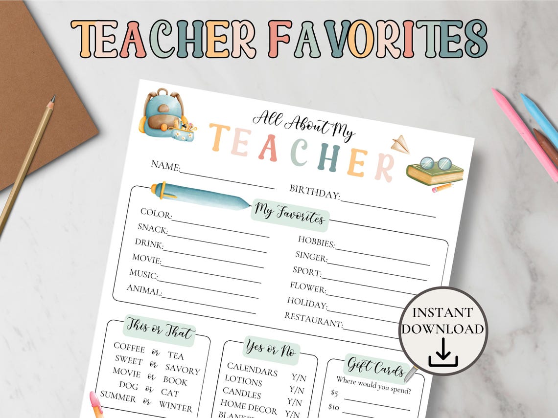 All About My Teacher Questionnaire, Get to Know My Teacher, Teacher ...
