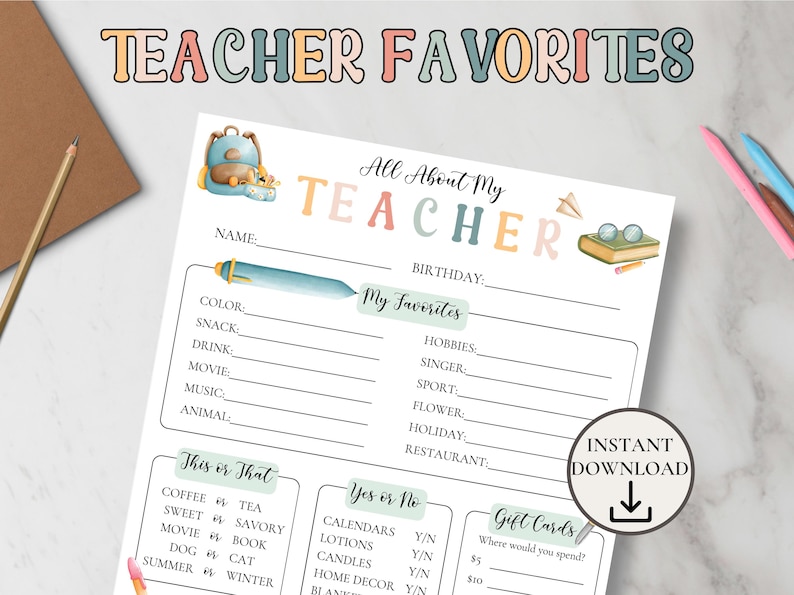 All About My Teacher Questionnaire, Get to Know My Teacher, Teacher ...