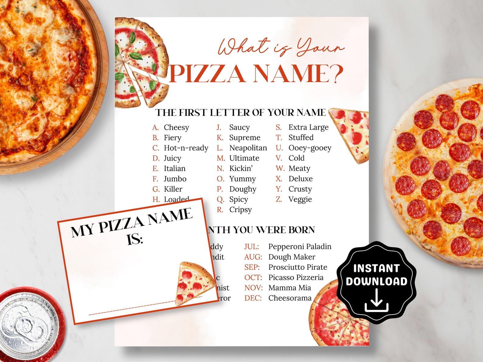 What's Your Pizza Name With Name Tags, Pizza Baby Shower Games, Pizza ...