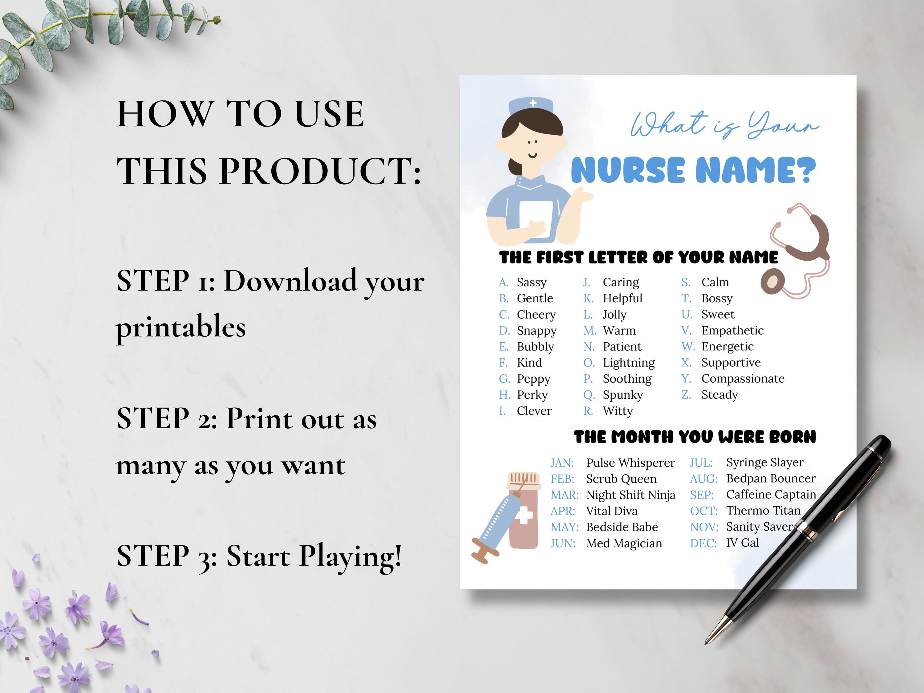 What's Your Nurse Name Game With Name Tags, Printable Nurse Games ...