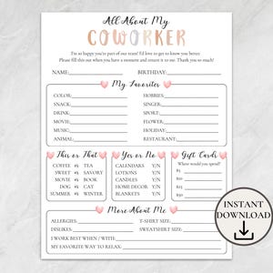 All About My Coworker Printable, Get to Know Your New Employee ...