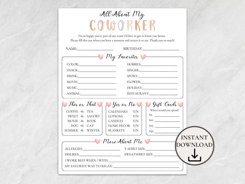 All About My Coworker Printable, Get to Know Your New Employee ...