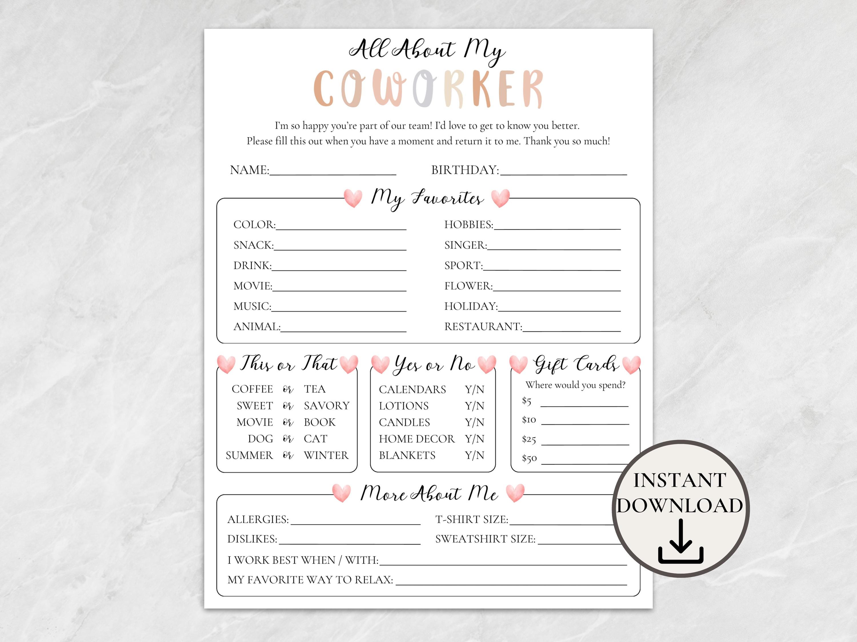 All About My Coworker Printable, Get to Know Your New Employee ...