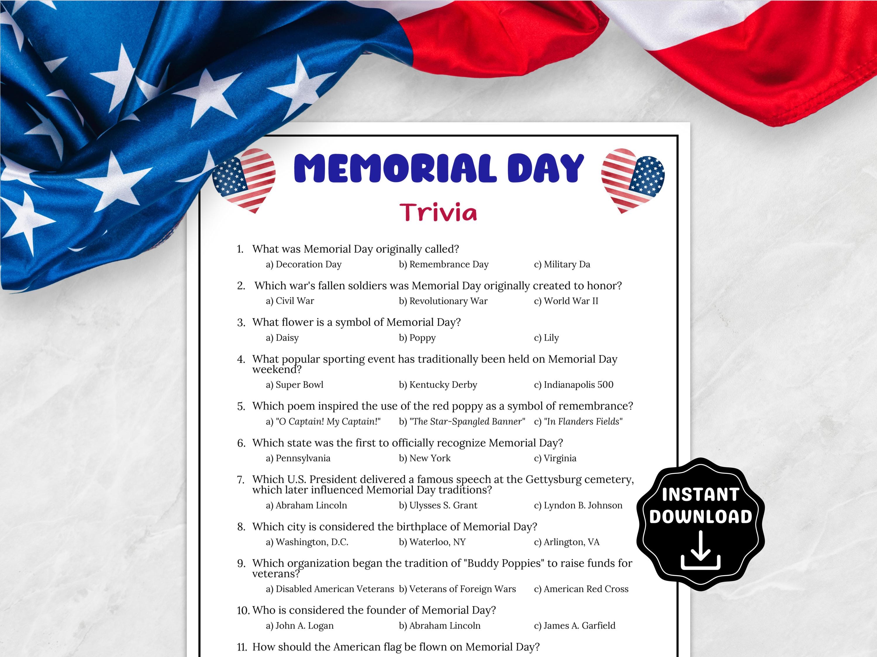 Memorial Day Trivia Game, Memorial Day Games for the Office, Memorial ...