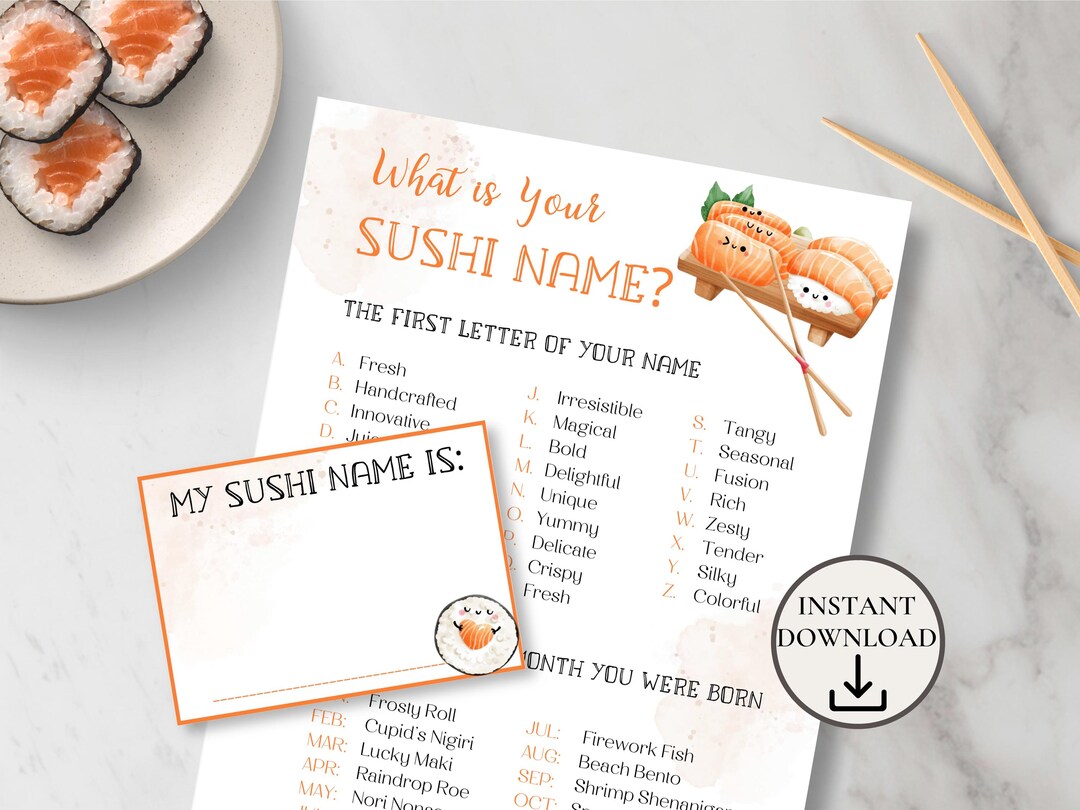What's Your Sushi Name With Name Tags, Sushi Party, Fun Printable Game ...