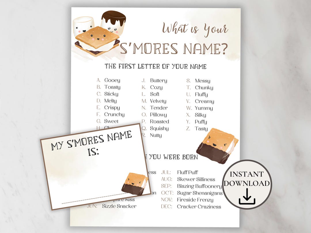 What's Your S'mores Name With Name Tags, Printable S'mores Party Game ...