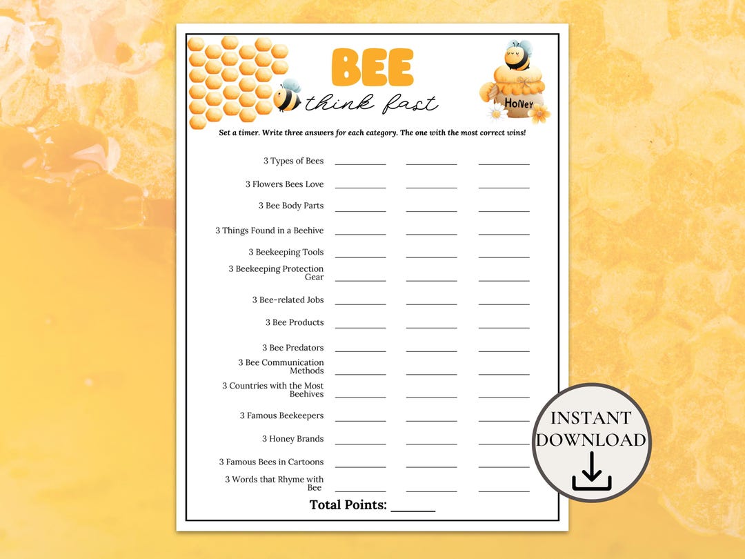 Bee Trivia Think Fast Game, Honey Bee Baby Shower Game, Bee Themed Quiz ...