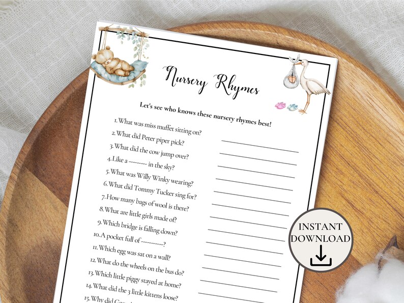 Baby Shower Nursery Rhymes Trivia Game, Baby Shower Printable Games for ...