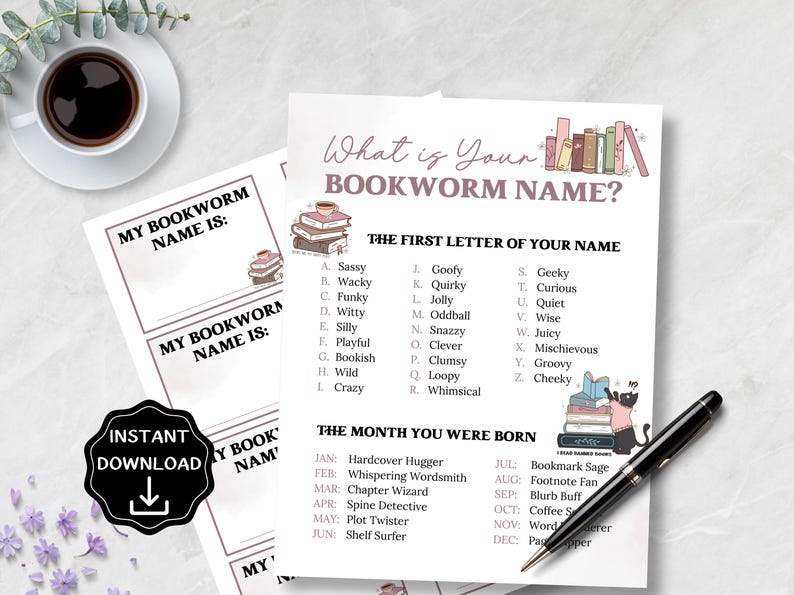 What's Your Bookworm Name With Name Tags, Book Club Games Printable ...
