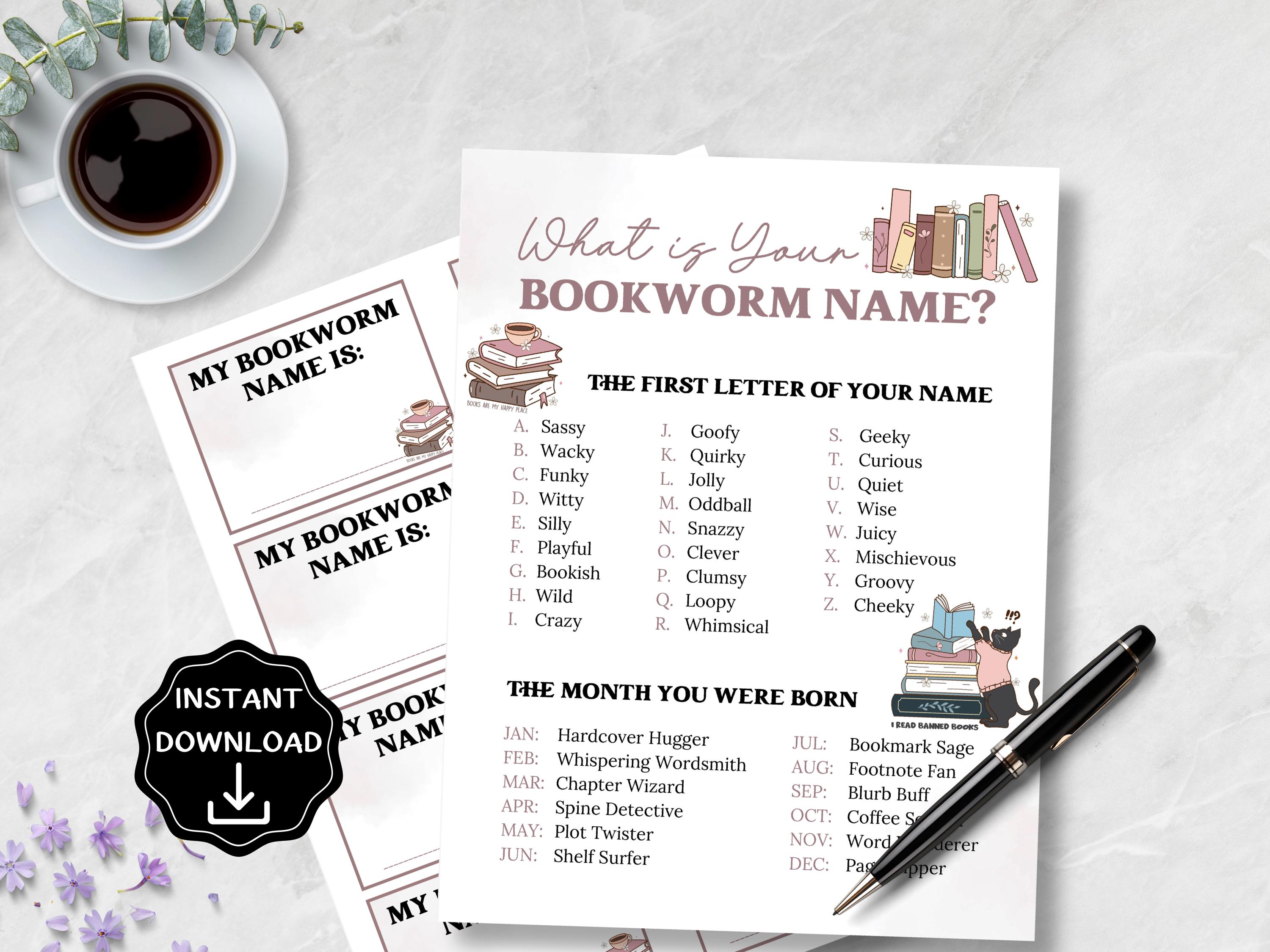 What's Your Bookworm Name With Name Tags, Book Club Games Printable ...