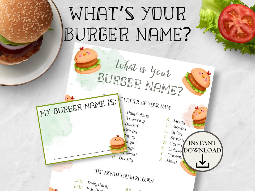 What's Your Burger Name With Name Tags, BBQ Party Game, BBQ Baby Shower ...