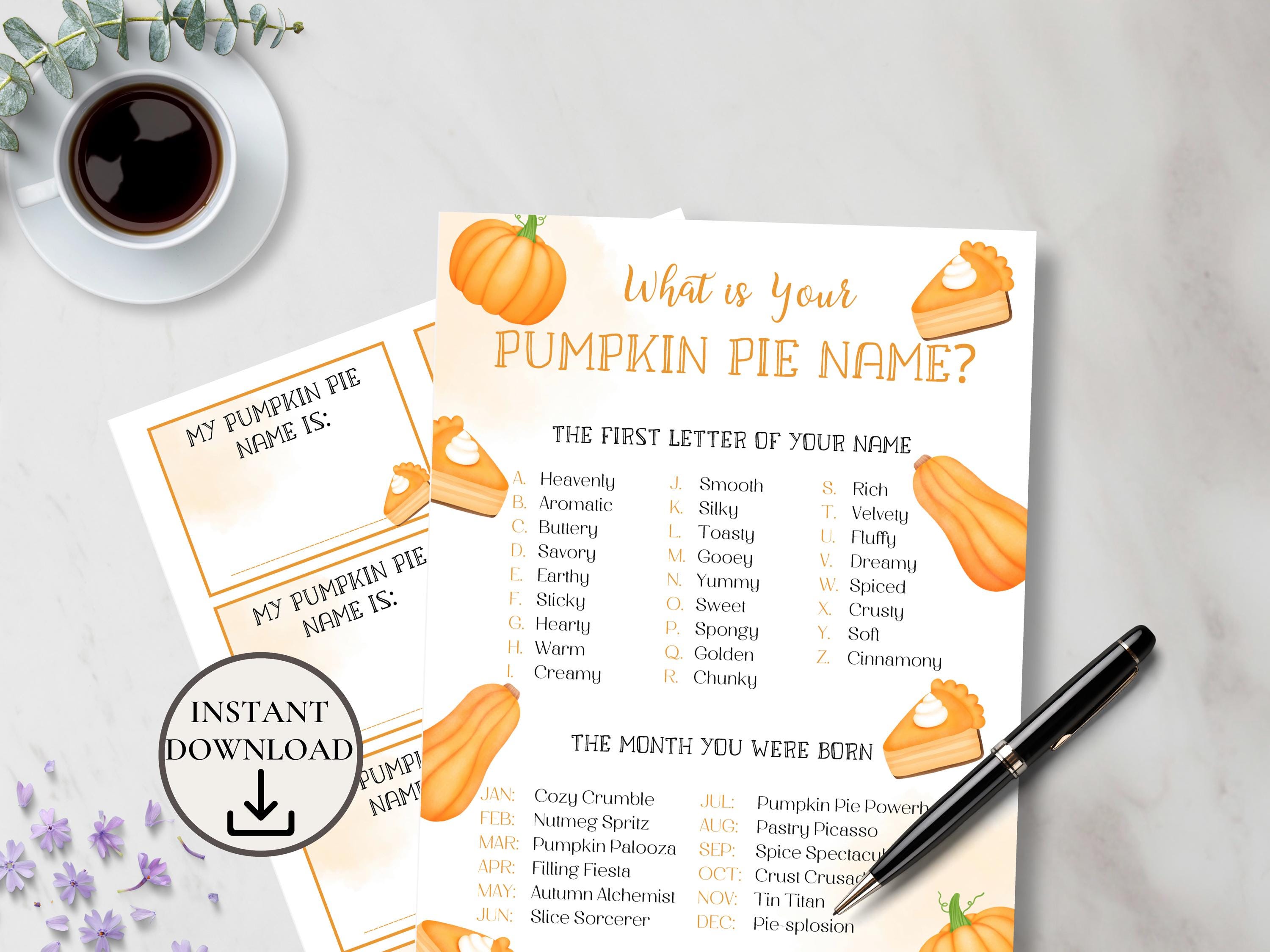 What's Your Pumpkin Pie Name Game With Name Tags, Pumpkin Games, Office ...