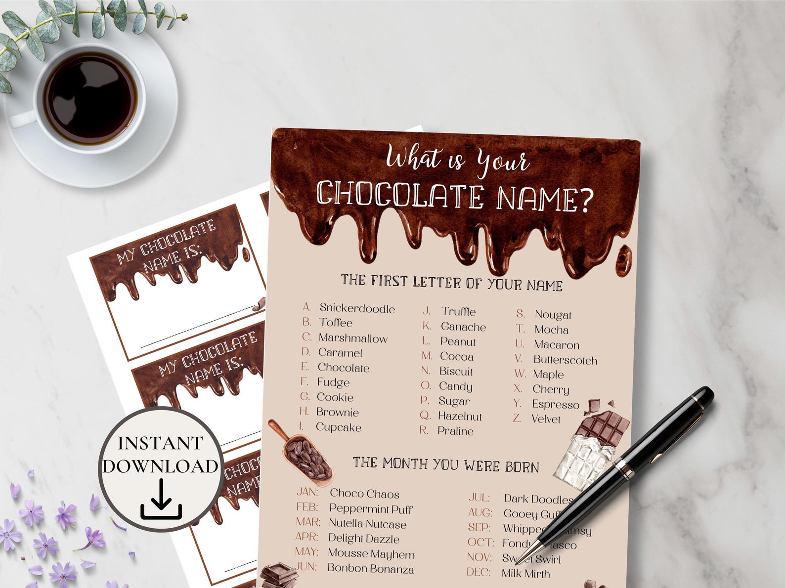 What's Your Chocolate Name Game With Name Tags, Fun Chocolate Party ...