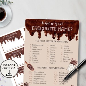 What's Your Chocolate Name Game With Name Tags, Fun Chocolate Party ...