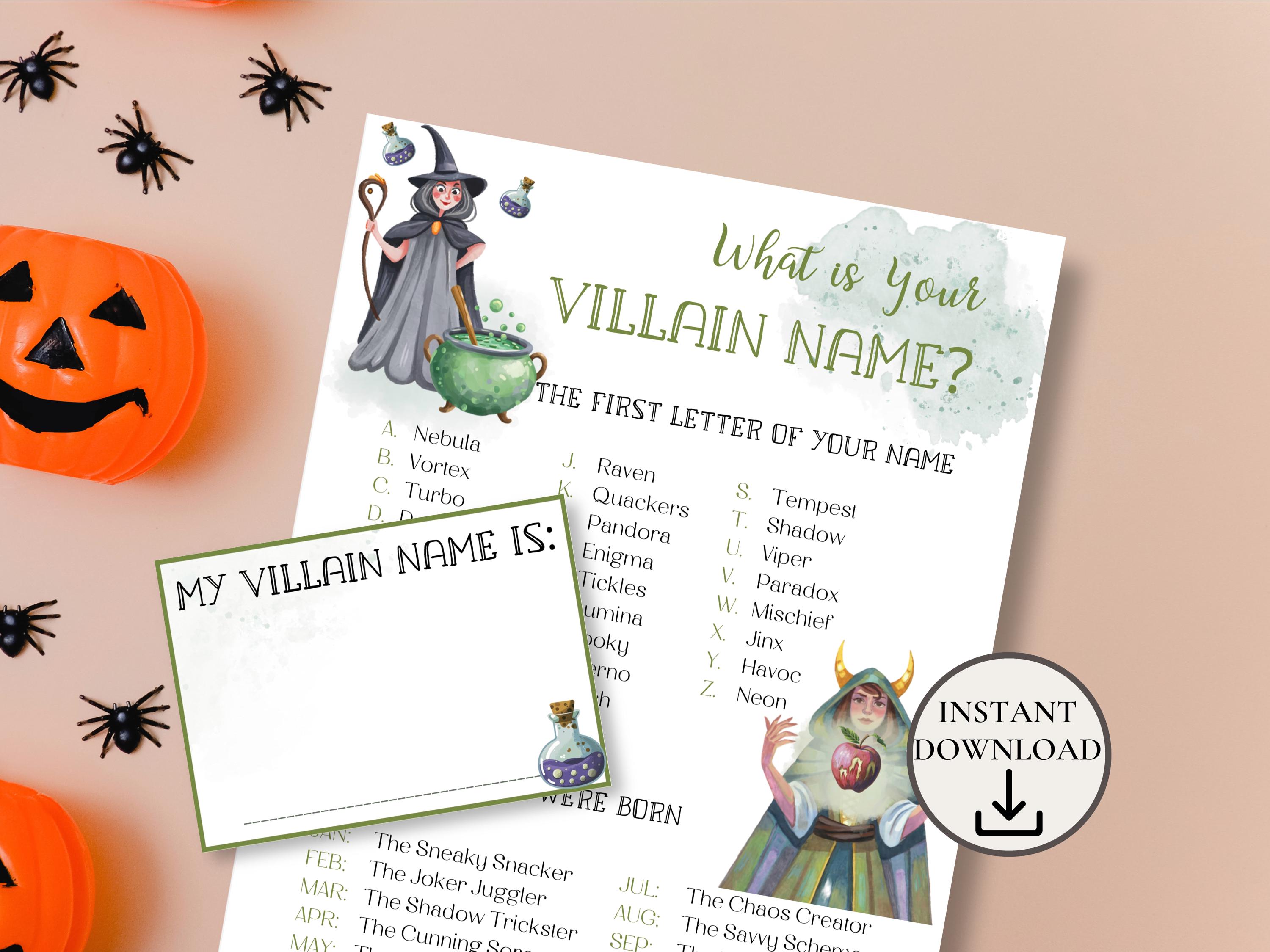 What's Your Villain Name With Name Tags, Printable Halloween Party Game ...