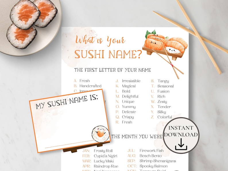 What's Your Sushi Name With Name Tags, Sushi Party, Fun Printable Game ...