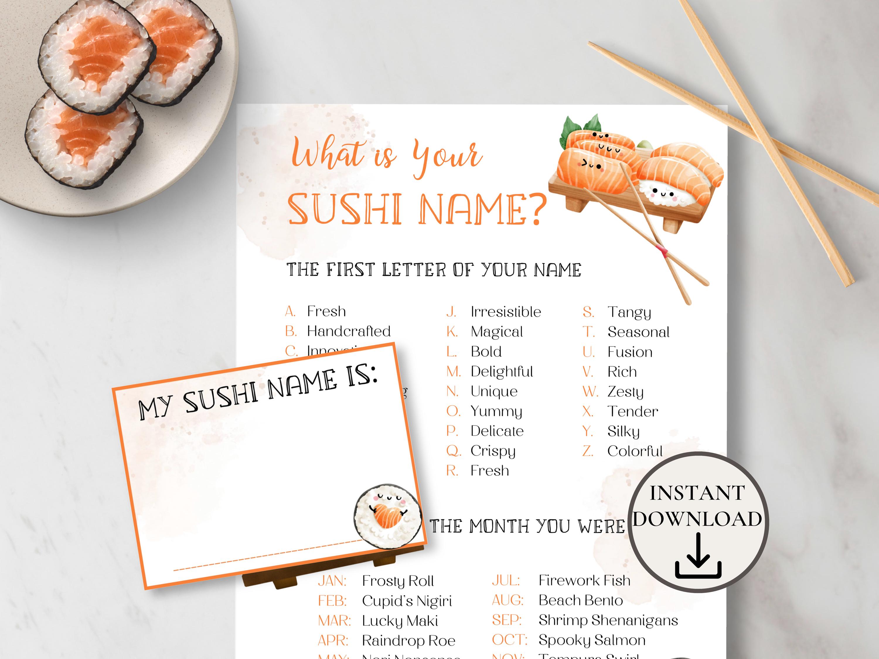 What's Your Sushi Name With Name Tags, Sushi Party, Fun Printable Game ...