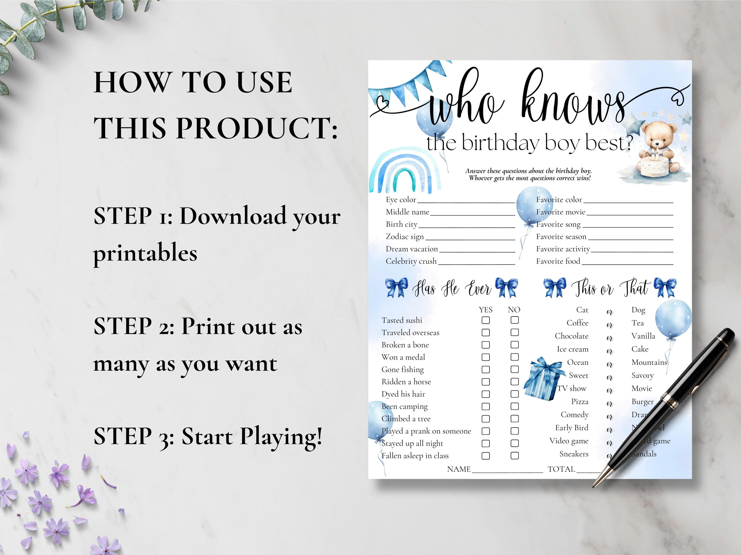 Who Knows the Birthday Boy Best Game, Printable Birthday Boy Trivia ...