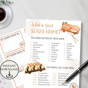 What's Your Sushi Name With Name Tags, Sushi Party, Fun Printable Game ...